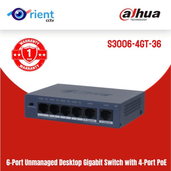 Dahua S3006-4GT-36 Gigabit PoE Switch 6-Port 4 PoE + 2 Uplink Ports ...